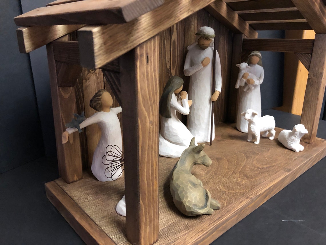 Ready to Ship, Wood Nativity Stable /creche, 21"wide 14 1/2"high 10 1/2 ...