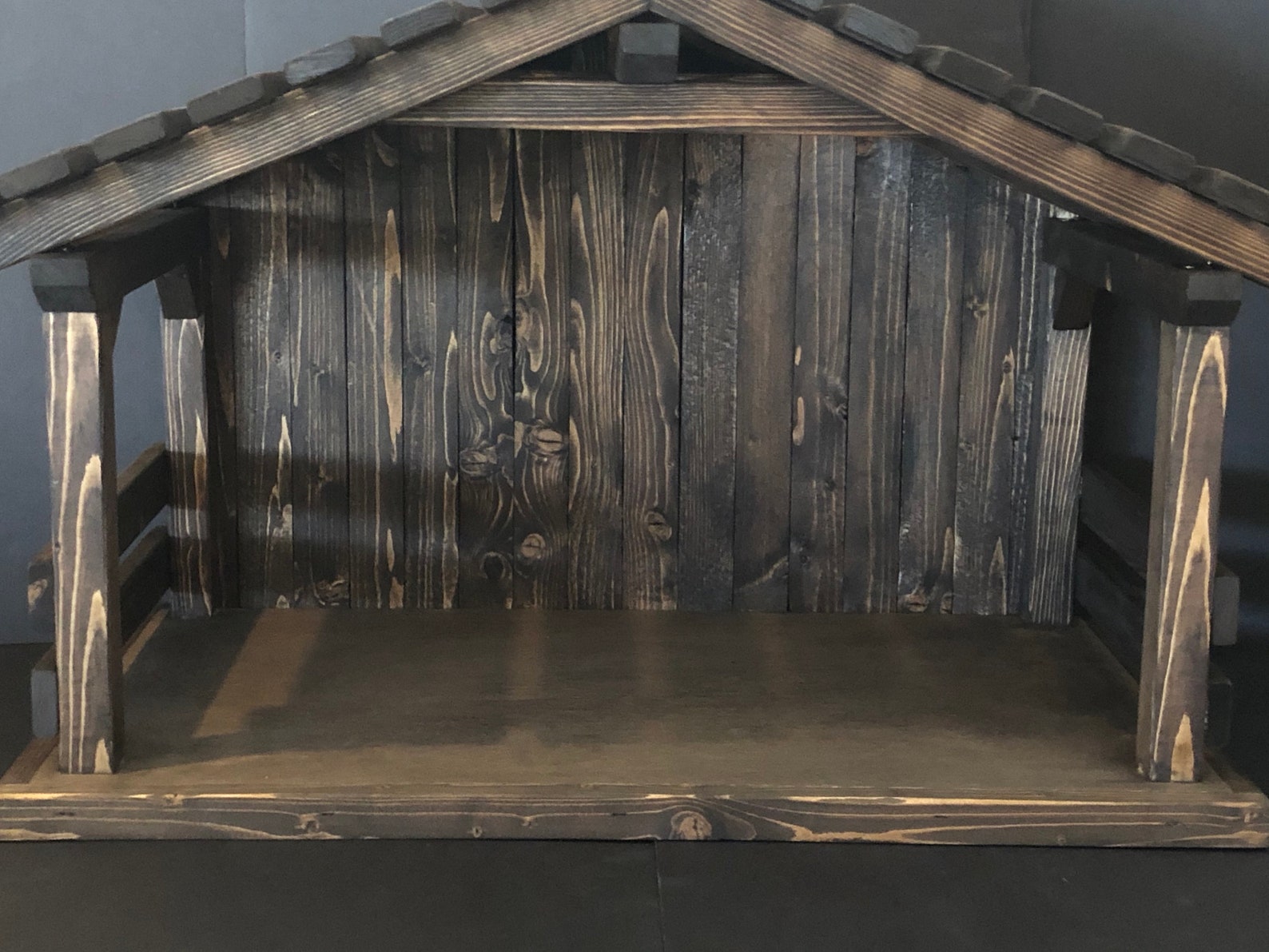 X-large Spaced Roof Dark Walnut Wood Nativity Stable, 35” Wide 24” Tall ...