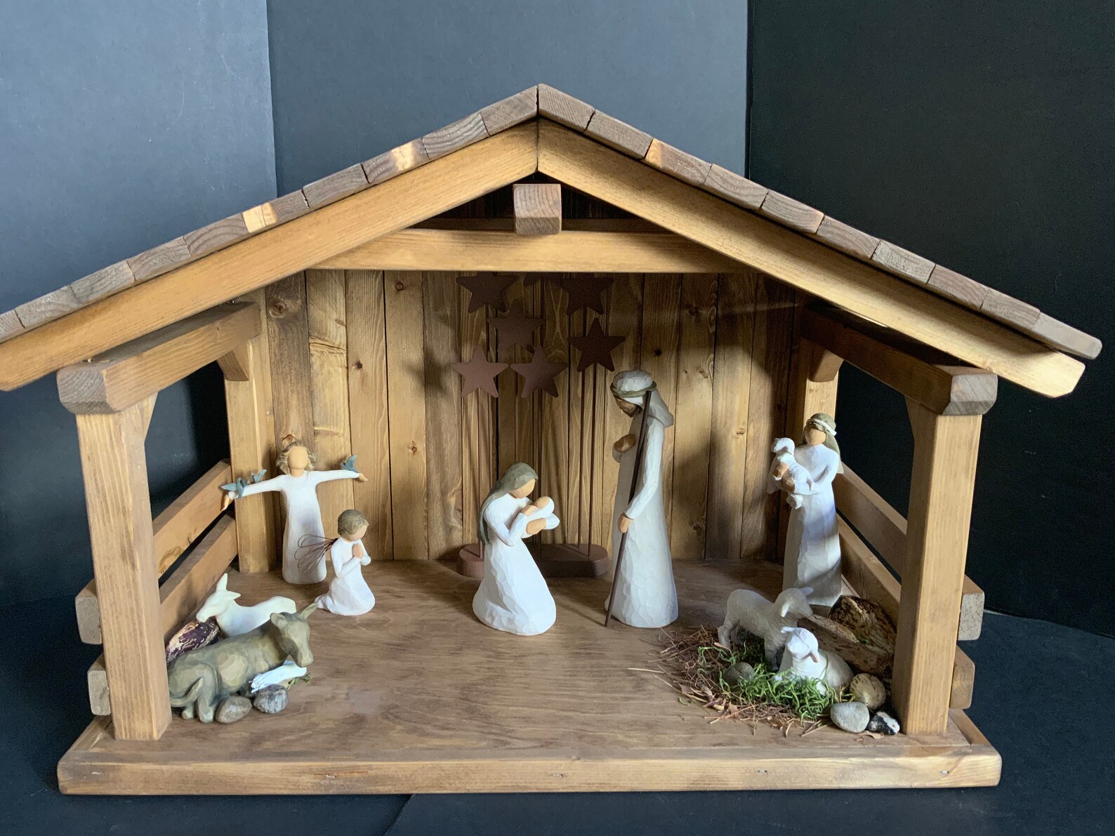Light Walnut Nativity Stable: Large Handcrafted Wood Creche, Solid Roof ...