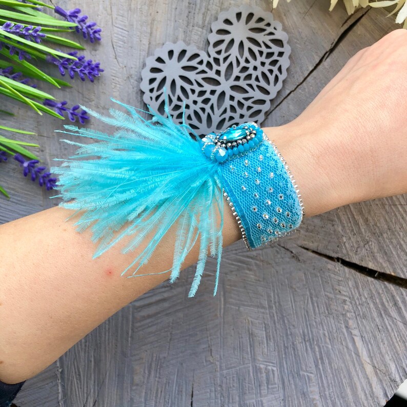 Wedding blue feather cuff bracelet for women Beaded silver | Etsy