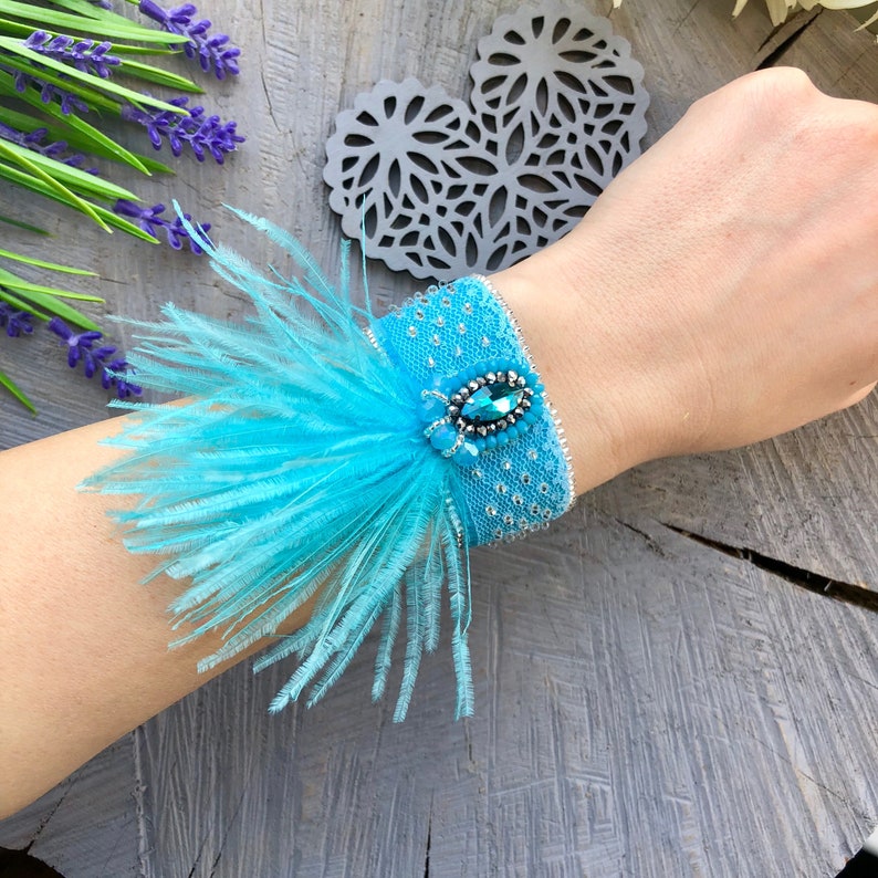 Wedding blue feather cuff bracelet for women Beaded silver | Etsy