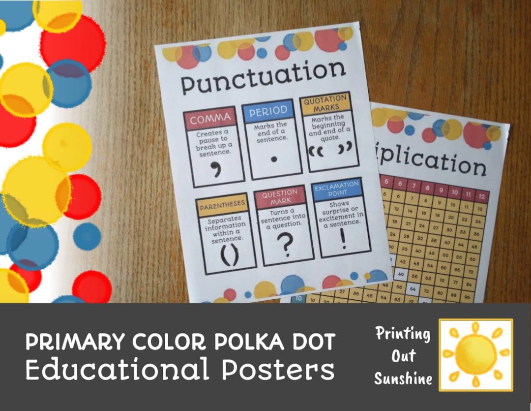 Primary Color Polka Dot Punctuation and Multiplication Posters - Etsy