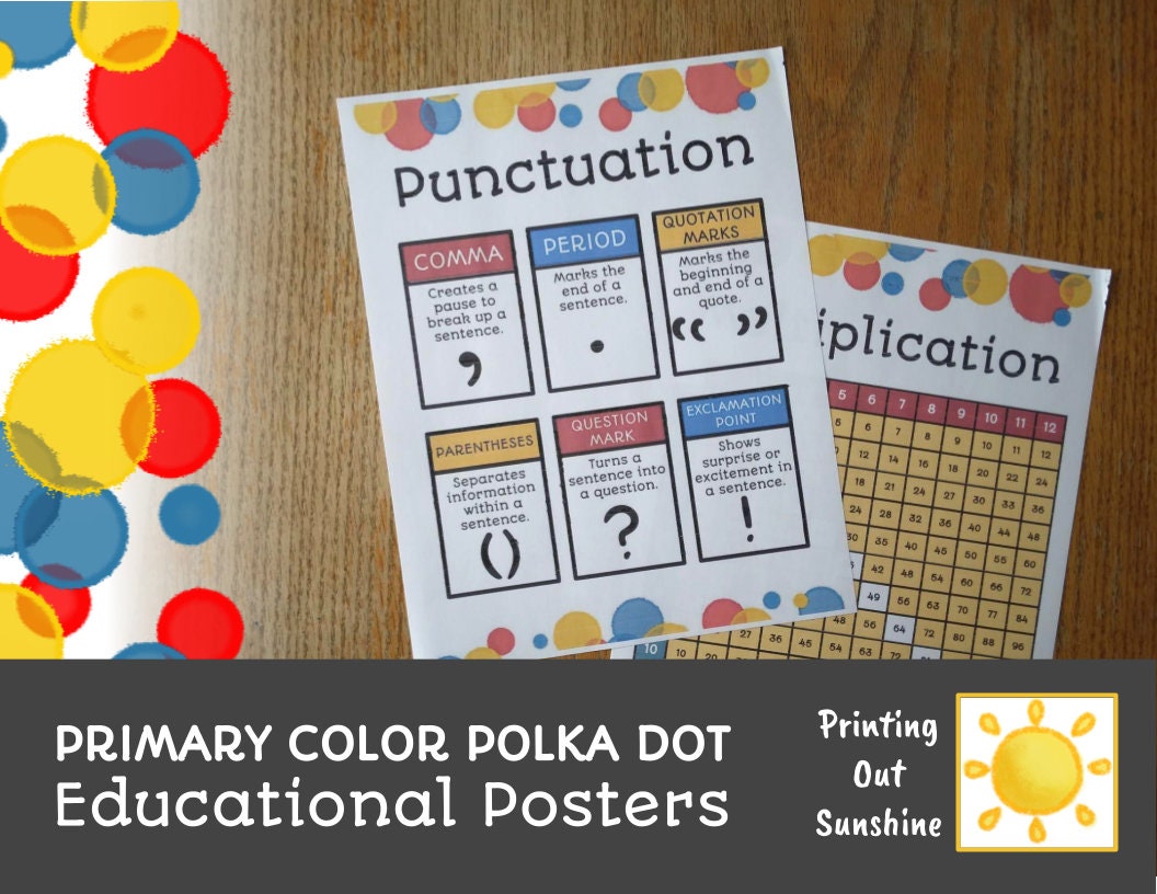Primary Color Polka Dot Punctuation and Multiplication Posters - Etsy