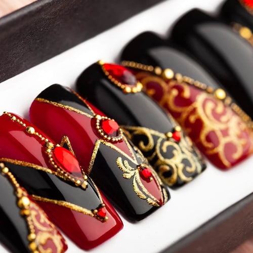 Royal Red and Black Press on Nails With Rhinestones and Laces - Etsy