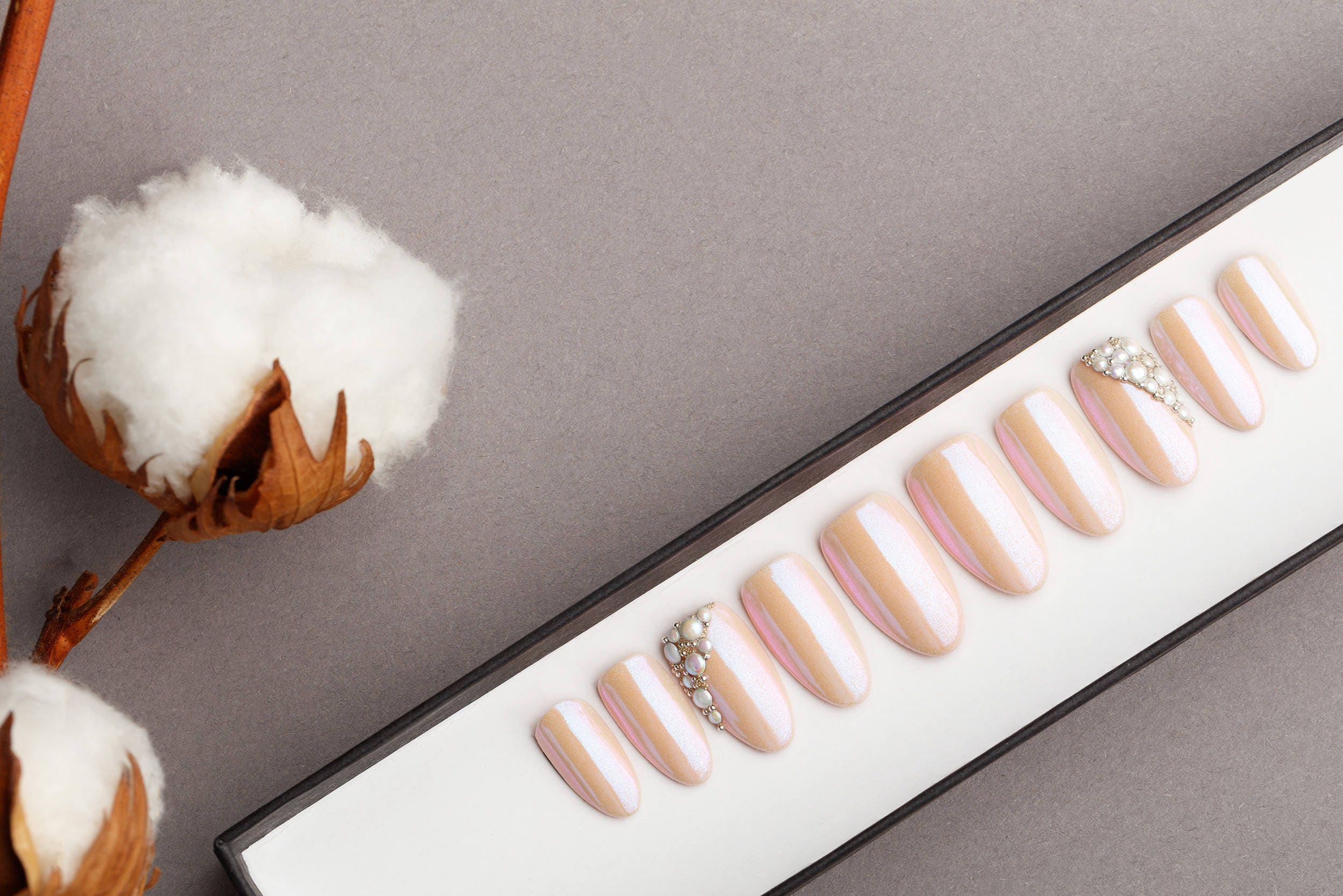 Pink Mirror Press on Nails With Pearls Nude Nails Hand - Etsy