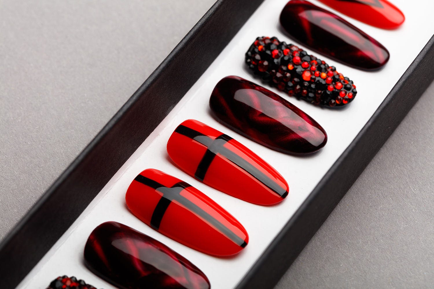 Red & Black Press on Nails With Rhinestones Hand Painted - Etsy