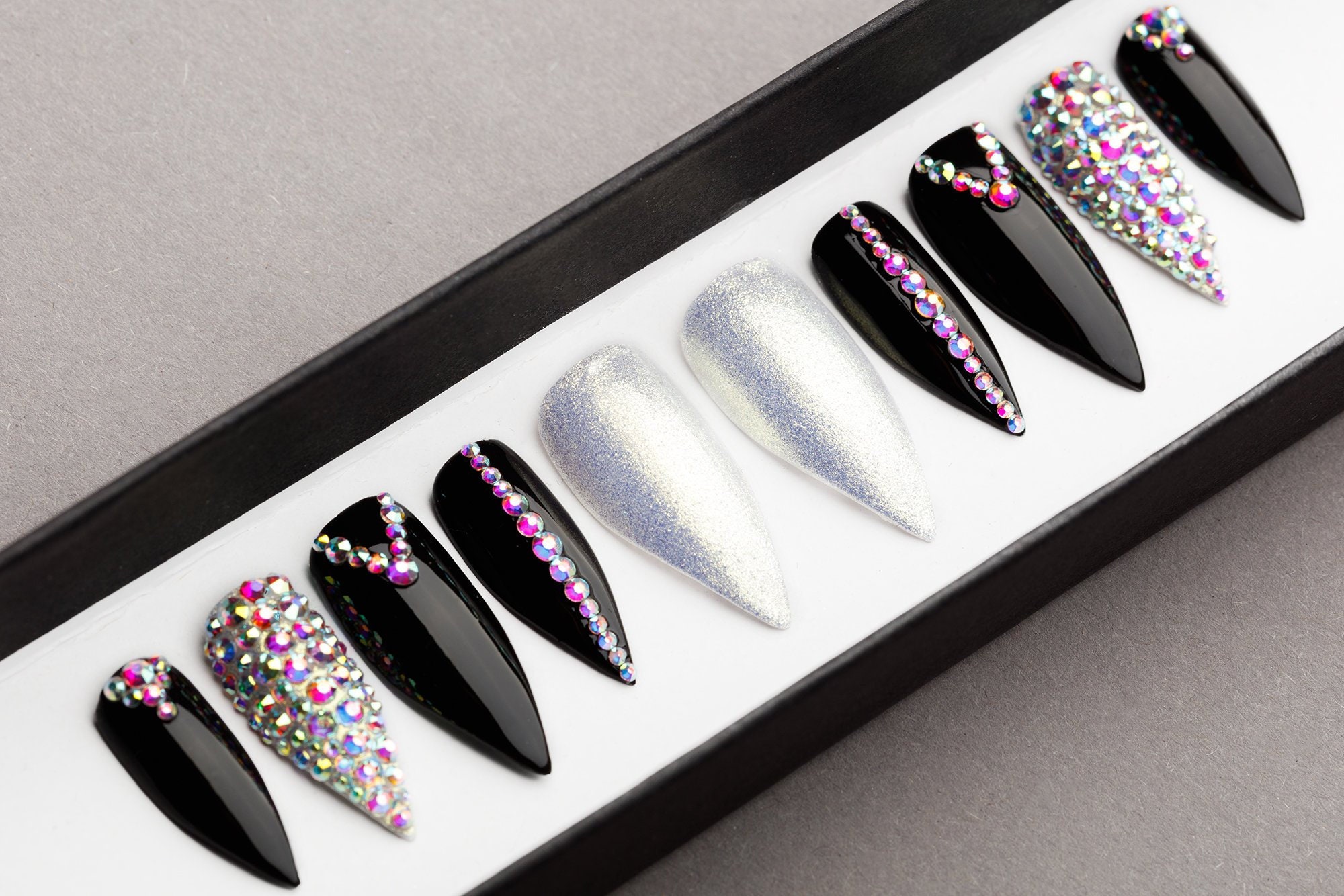 Princess Press On Nails With Rhinestones White Gold Hand Etsy