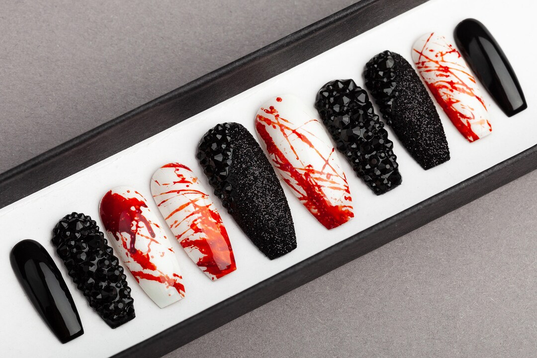 Halloween Night Massacre Press on Nails With Rhinestones • Blood Stain ...