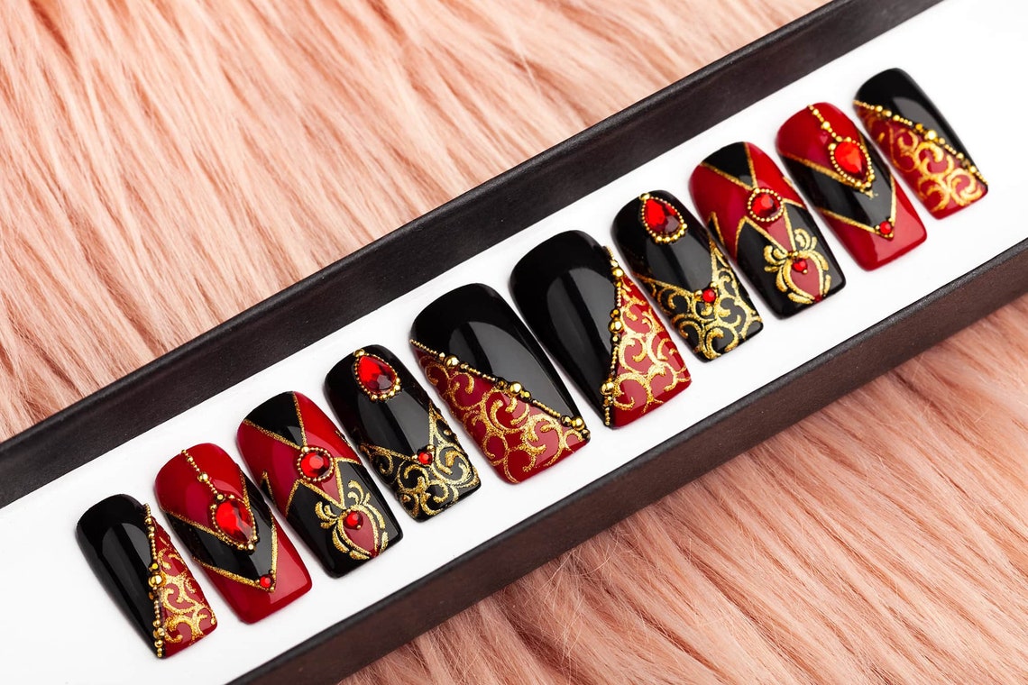 Royal Red and Black Press on Nails With Rhinestones and Laces - Etsy