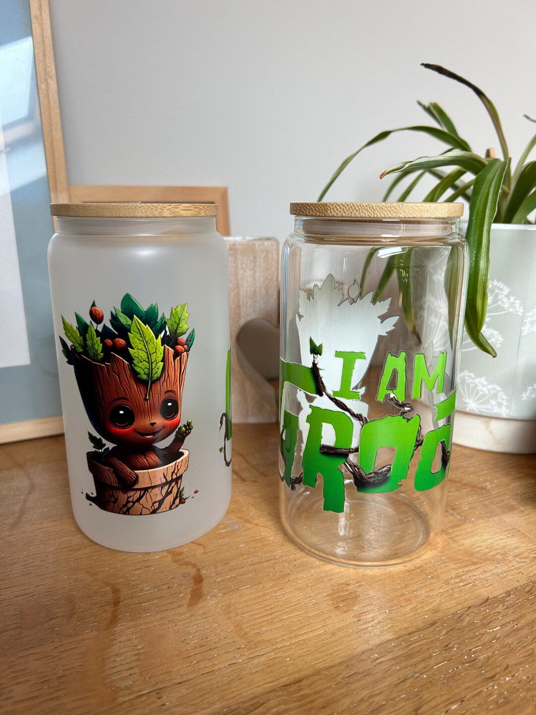 Baby Groot Marvel Disney Glass Cups 16oz Glass Cup With Bamboo Lid and ...
