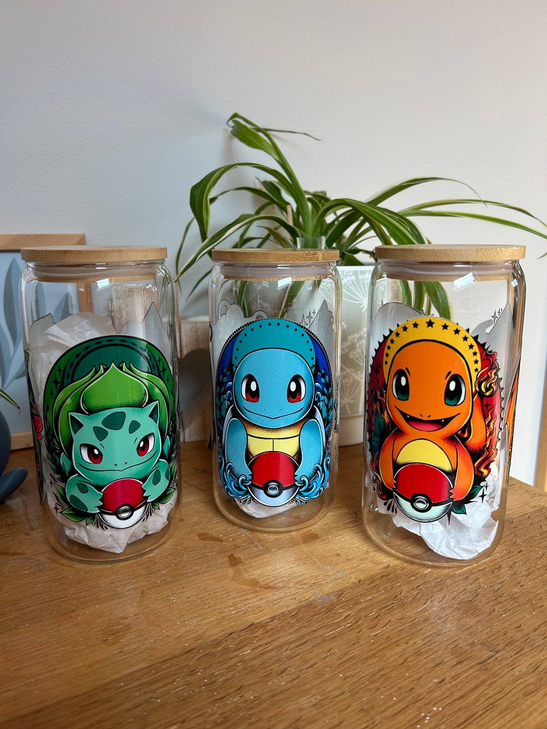 Pokemon Kanto Starters 16oz Clear Glass Cup With Bamboo Lid and Glass ...