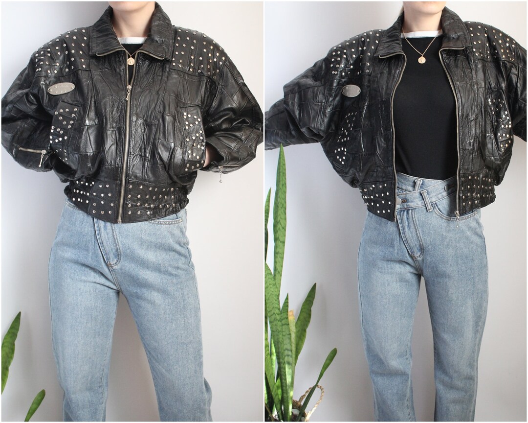 Vintage Leather Jacket BOMBER Womens Leather Jacket Biker Cropped Punk ...