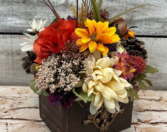 Fall Flower Arrangement, Fall Flower Decor, Wooden Box Fall Centerpiece ...
