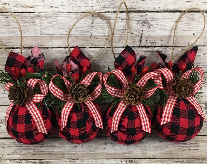 Buffalo Plaid Red and Black Christmas Ornaments Set of 4 Farmhouse ...