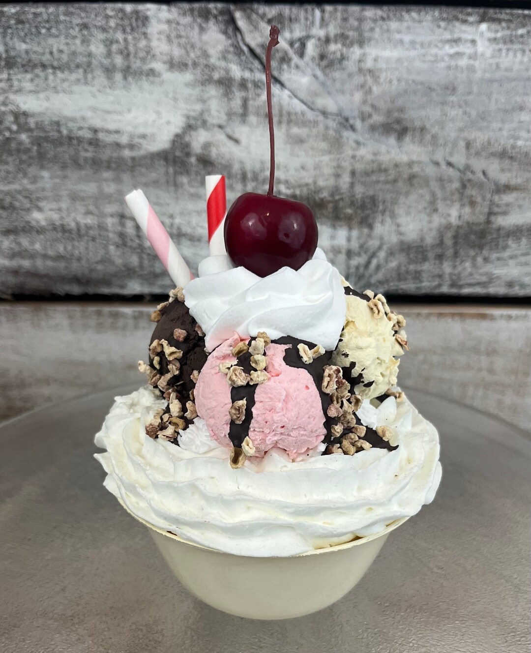 Neapolitan Ice Cream Sundae Fake Ice Cream Cup Tiered Tray Decor
