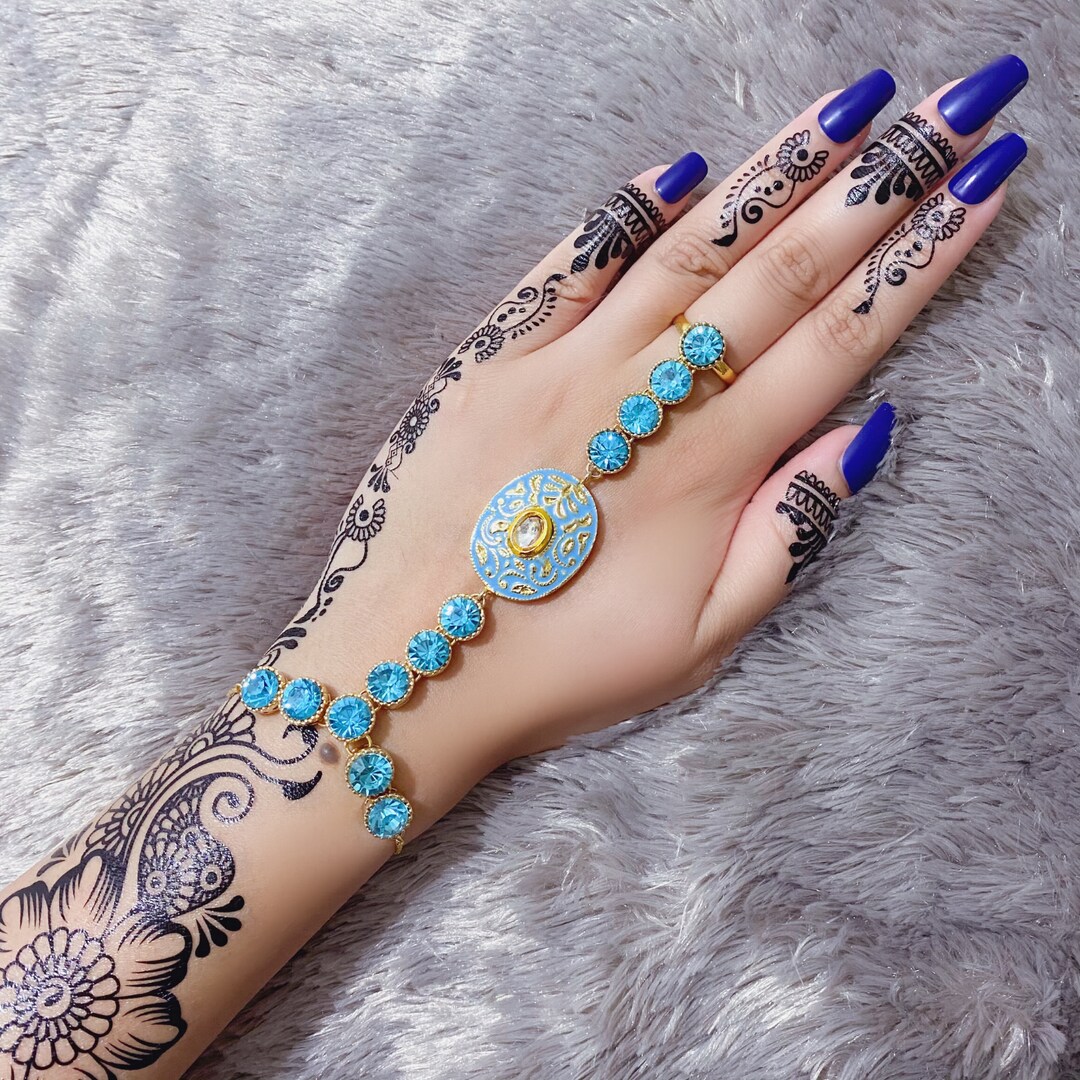 Blue Bridal Hand Piece Hand Harness Crystal Bracelet Hand - Etsy