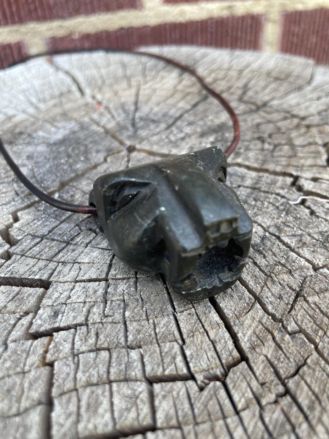 Serpentine Jade Jaguar Head Pendant and Two Tone Leather Cord Necklace ...
