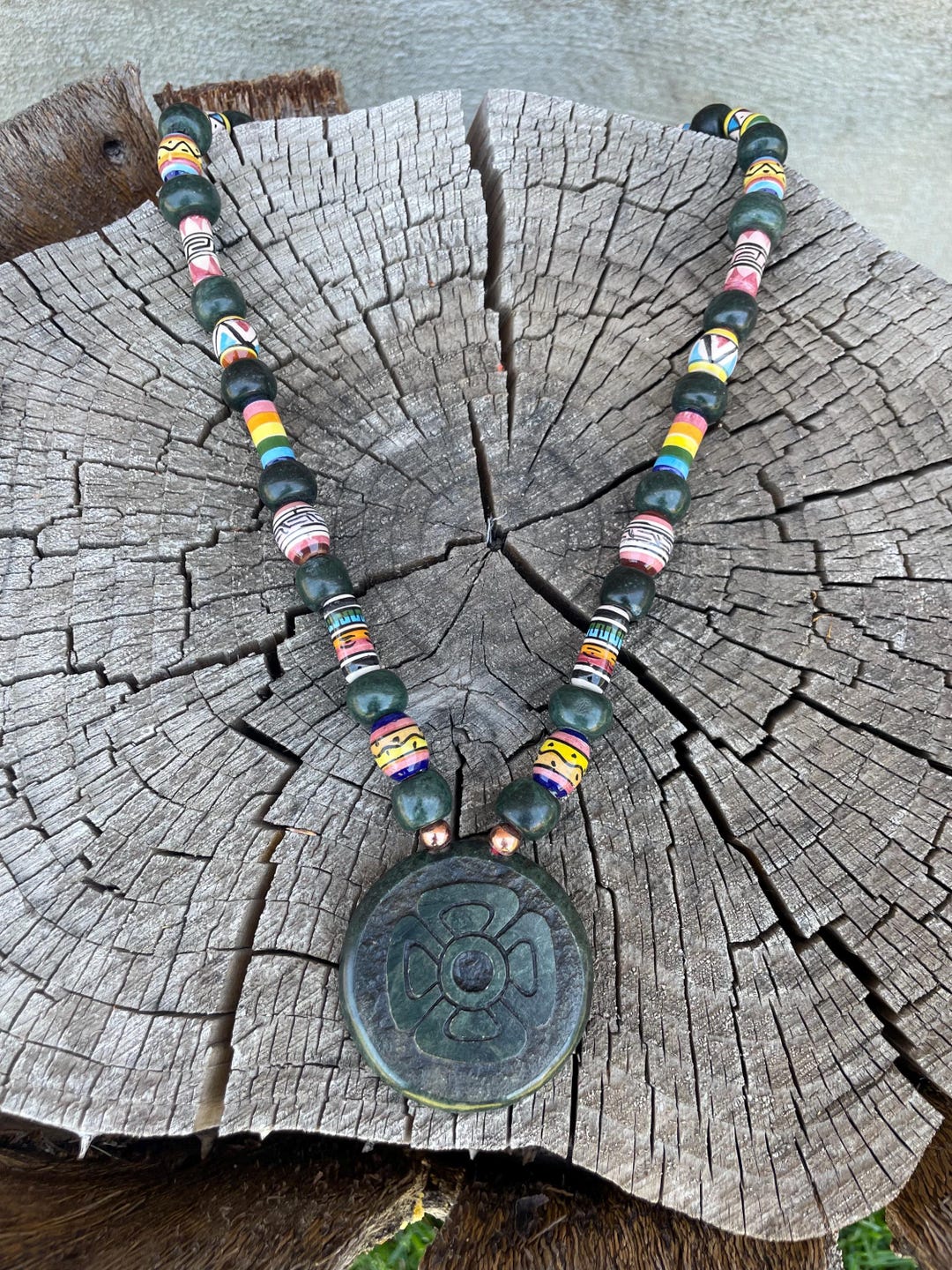 Serpentine Jade,ceramic and Copper Beads,axe Head Shape Pendant ...