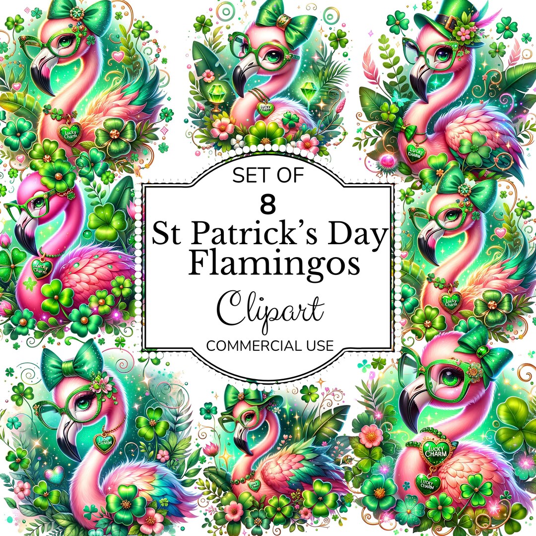 St Patricks Day Flamingo Clipart, Shamrock Bow Sublimation Design ...