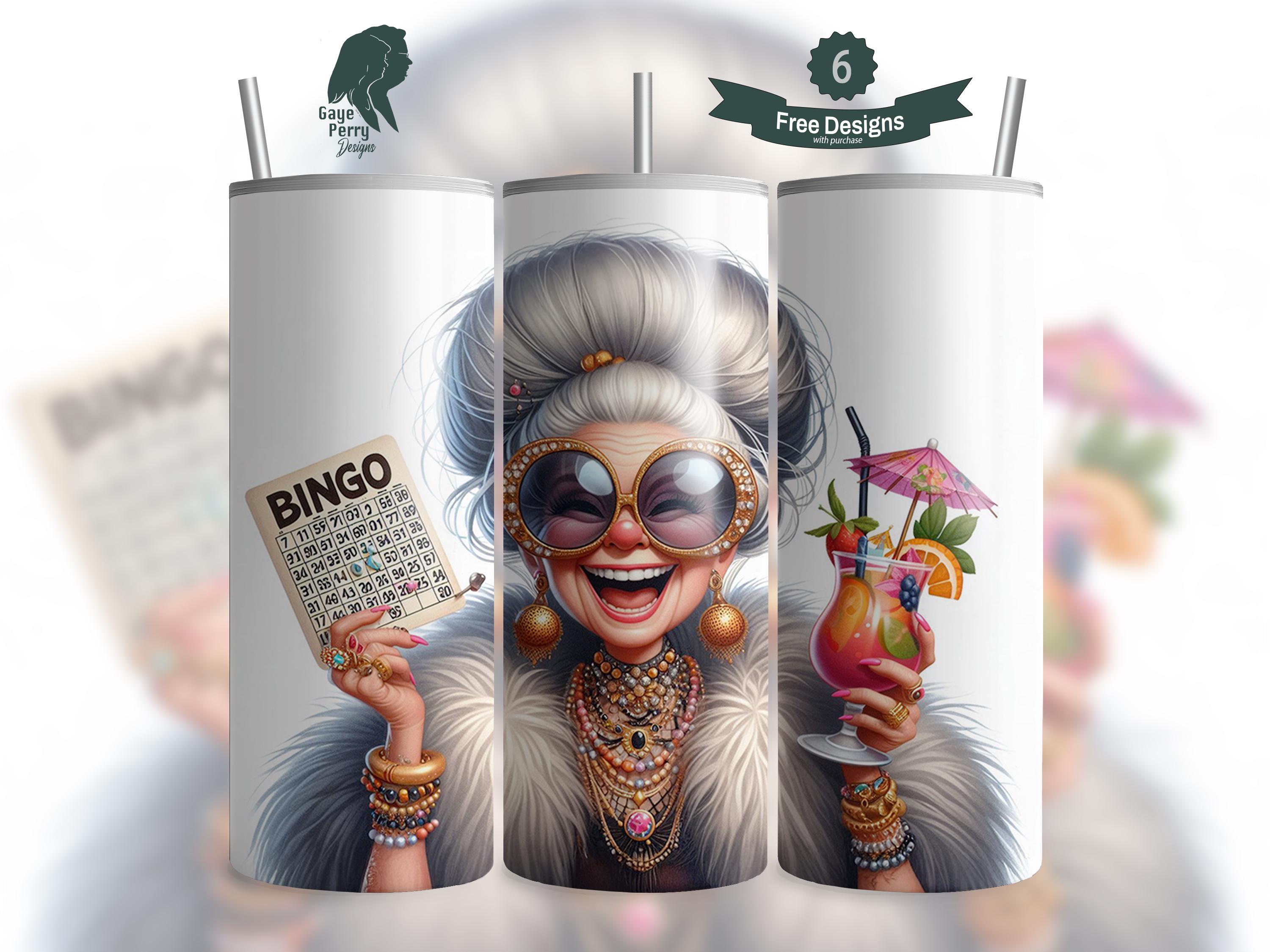 Funny Old Lady Bingo 20 Oz Skinny Tumbler, Gaming Bingo Cocktail Wrap ...