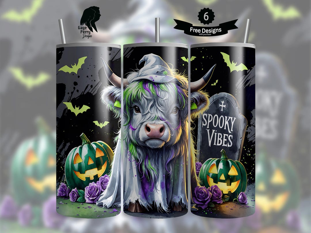 Cute Ghoul Halloween Highland Cow 20 Oz Tumbler Wrap, Ghost Sublimation ...