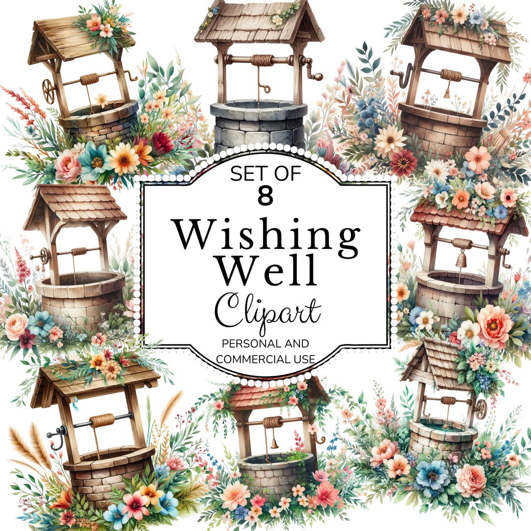 Floral Garden Wishing Well Clipart: Cottagecore PNG Bundle (digital ...