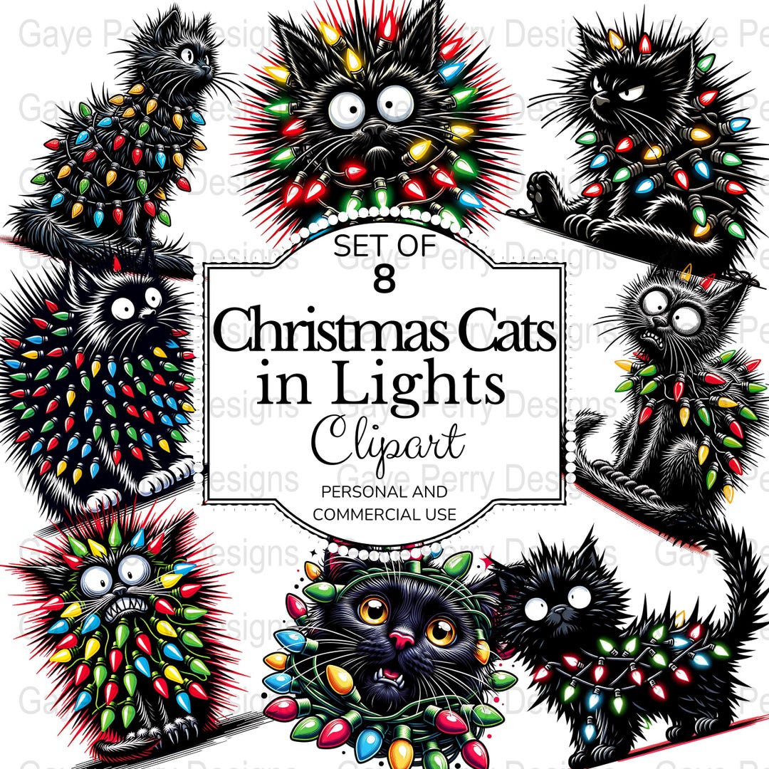 Scared Christmas Cats Clipart, Tangled Lights Sublimation Design ...