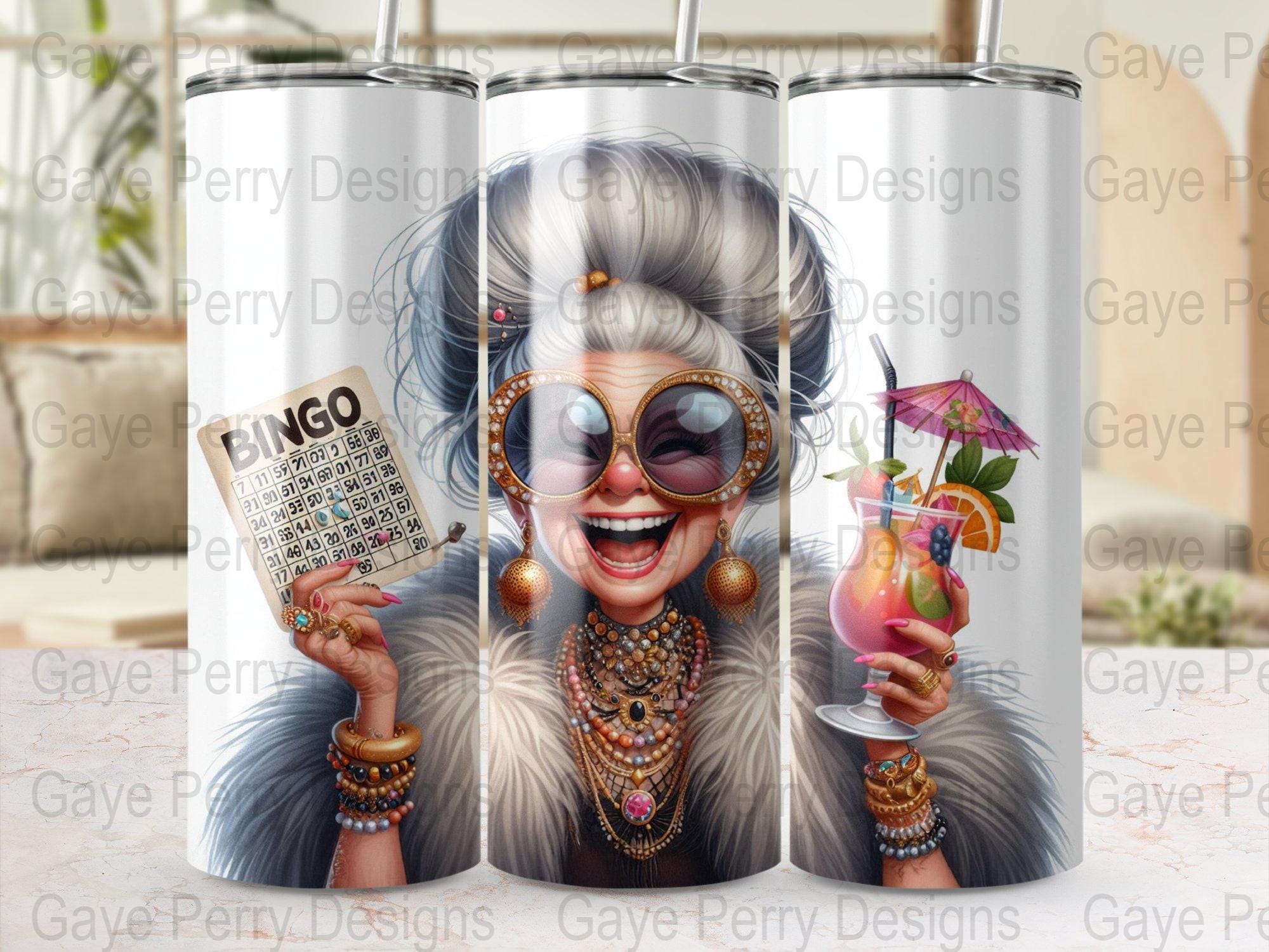 Funny Old Lady Bingo 20 Oz Skinny Tumbler, Gaming Bingo Cocktail Wrap ...