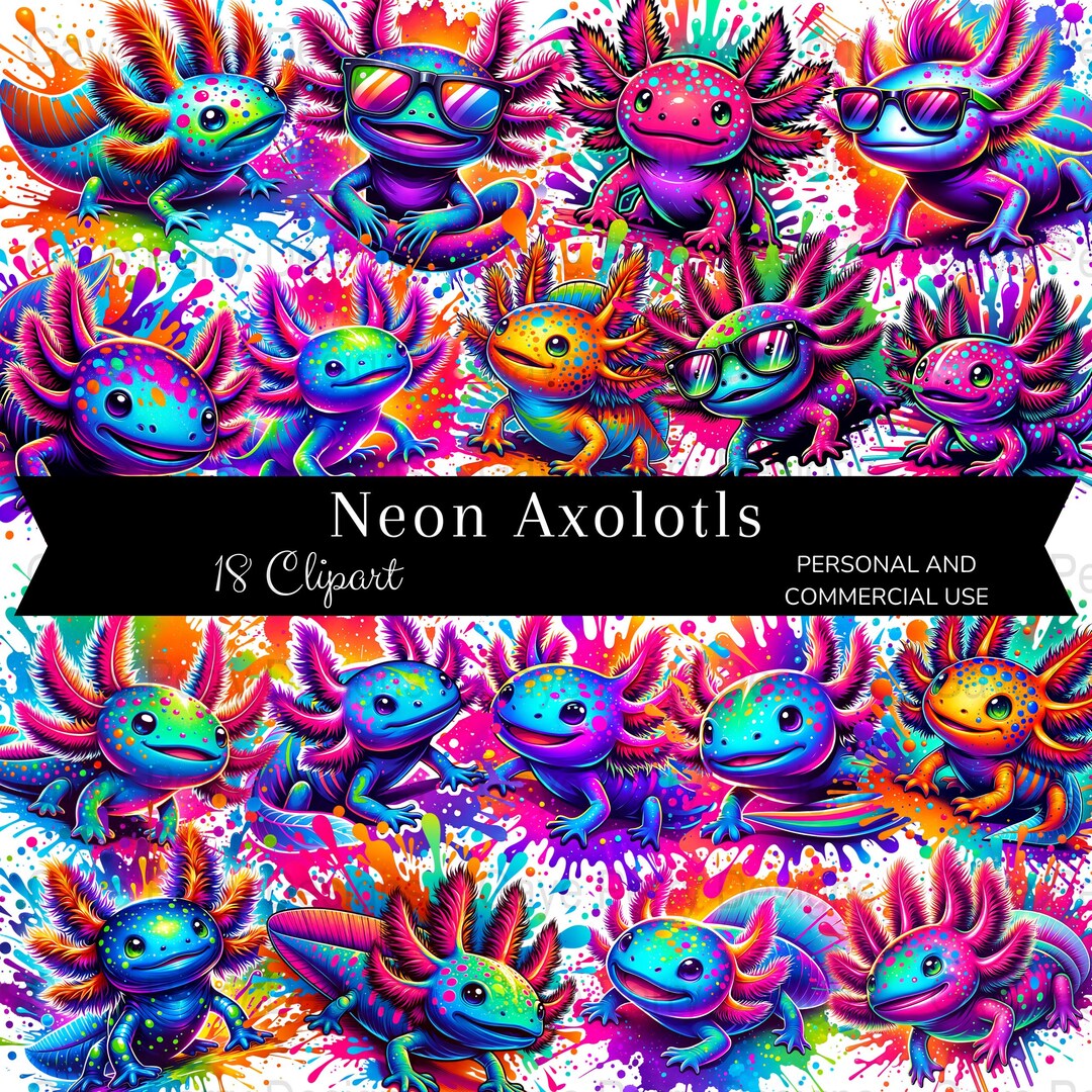 Neon Axolotl Clipart, Salamander Sublimation Graphic, Colorful Design ...