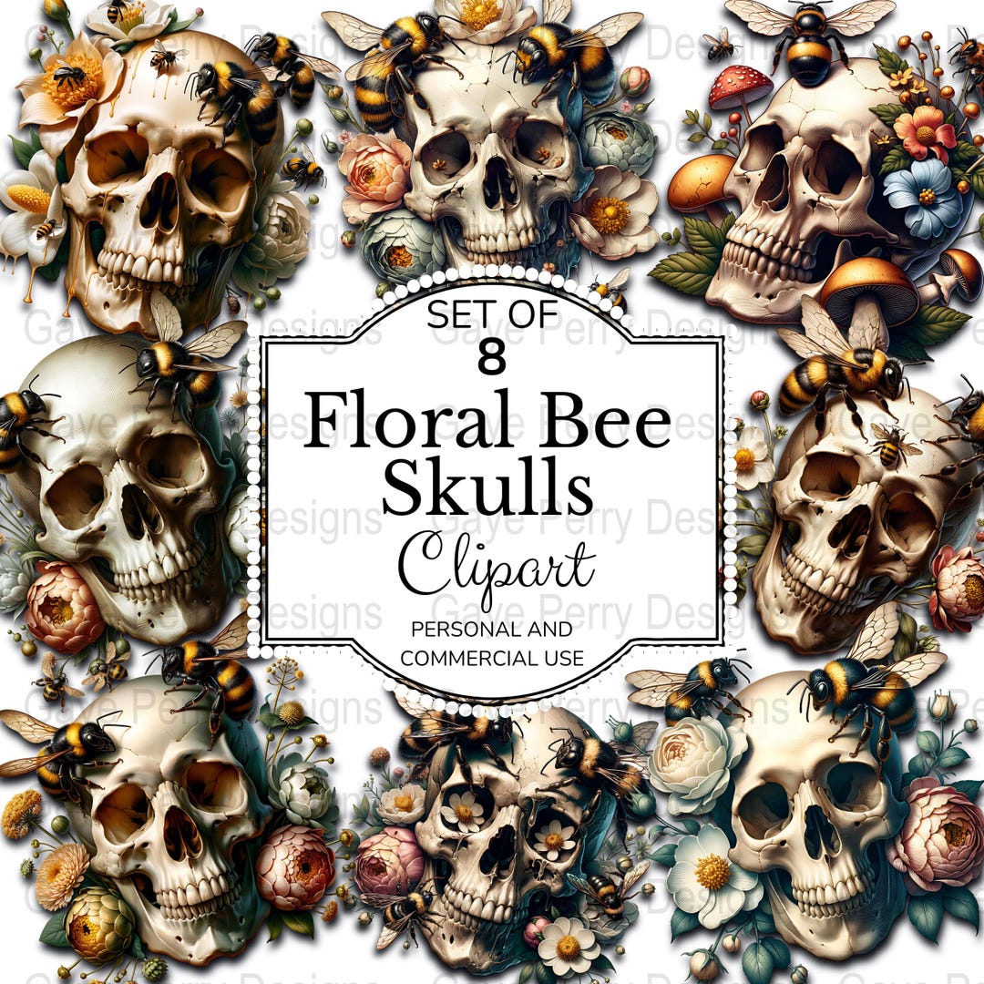Floral Skull Bee Clipart, Skeleton Flowers Mushrooms Sublimation Design ...