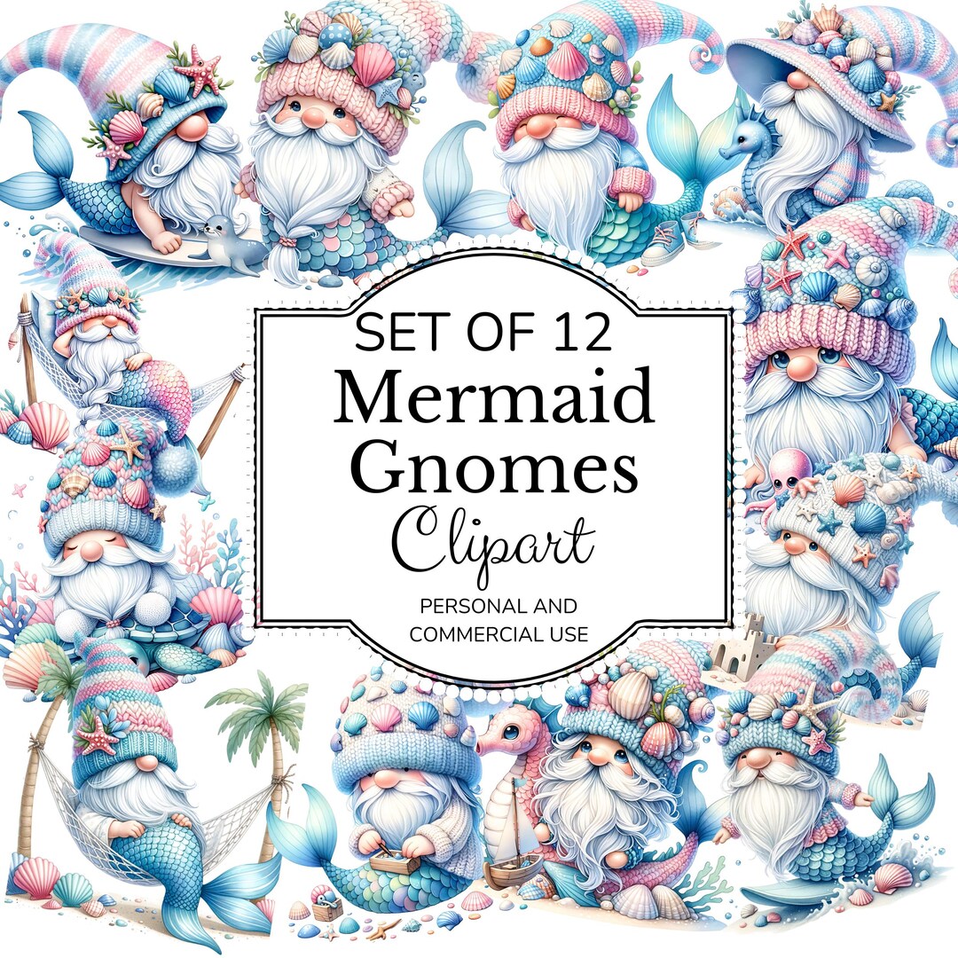 Mermaid Gnome Clipart, Summer Merman Graphics, Sublimation Design ...