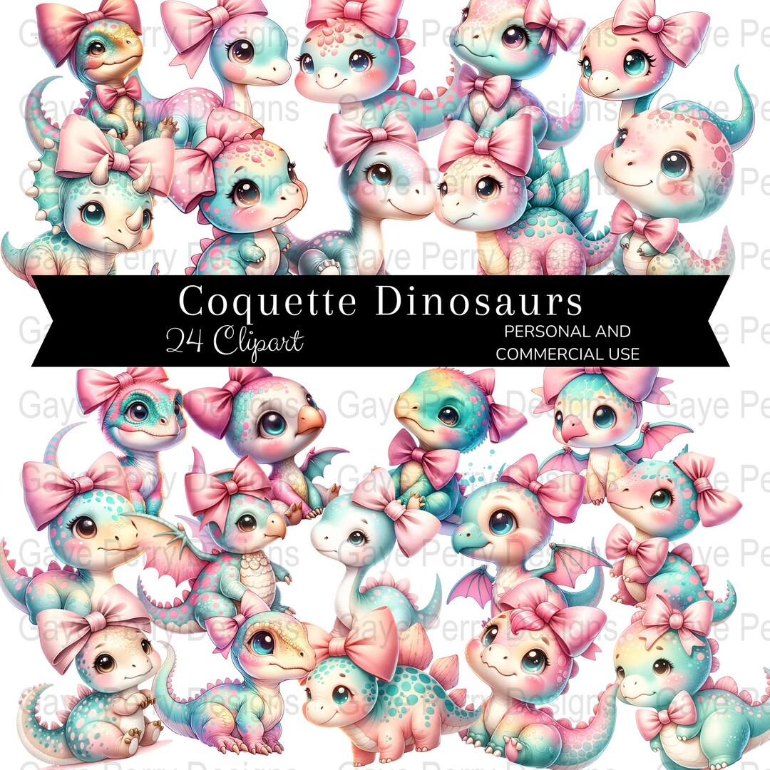 Girly Dinosaur Clipart: Coquette Pink Dino With Bow (PNG Digital ...