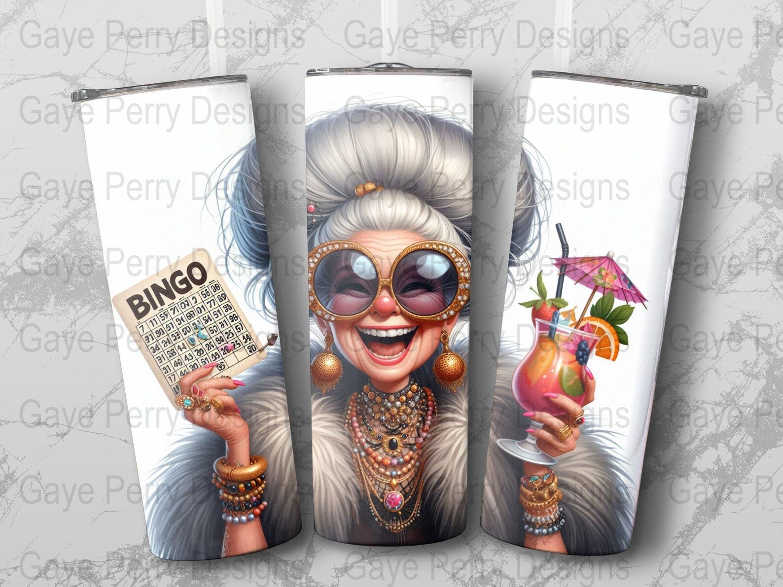 Funny Old Lady Bingo 20 Oz Skinny Tumbler, Gaming Bingo Cocktail Wrap ...