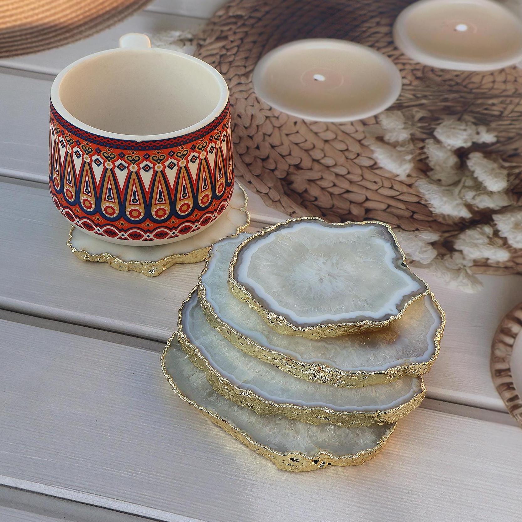 Natural White Agate Slice Coaster | Gold Electroplated Coaster for ...