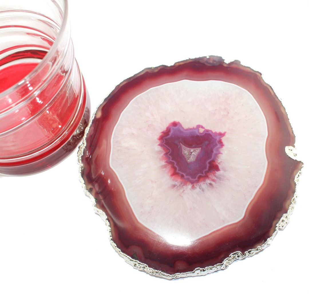 Home Decor Natural Maroon Agate Slice Silver Plated Coaster - Etsy