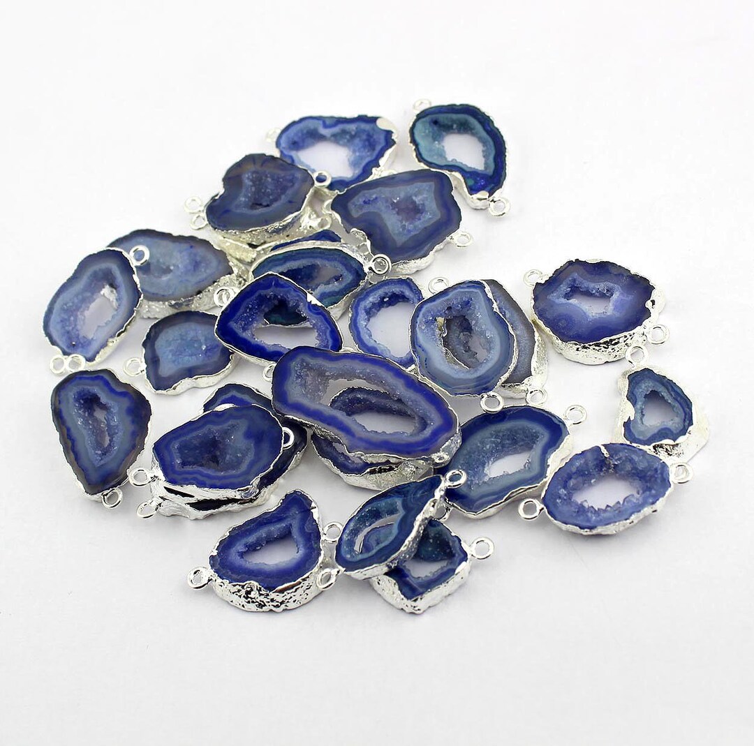 Natural Geode Druzy Connector, Blue Geode Slice Pendant Silver Plated ...