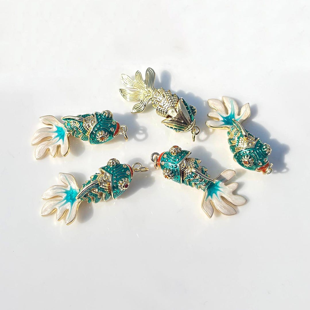 Apatite Green Cloisonne Enamel Koi Fish Pendant, Articulated Gold ...