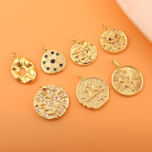 18k Gold Plated Round Coin Pendant Charms, Gold Geometry Pendant ...