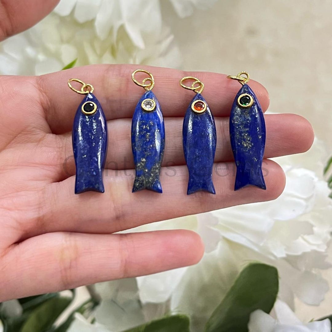 Lapis Lazuli Fish Pendant: Gold Plated Charm With CZ Eye Necklace ...