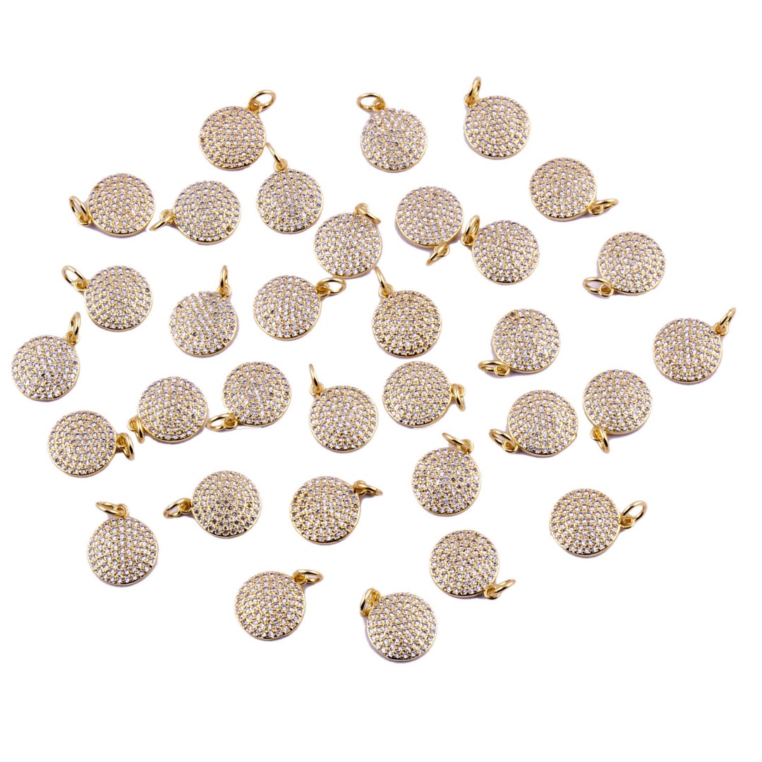 Micro Pave Cz Disc Charm, Gold Round Disk Charm, CZ Quartz Connector ...