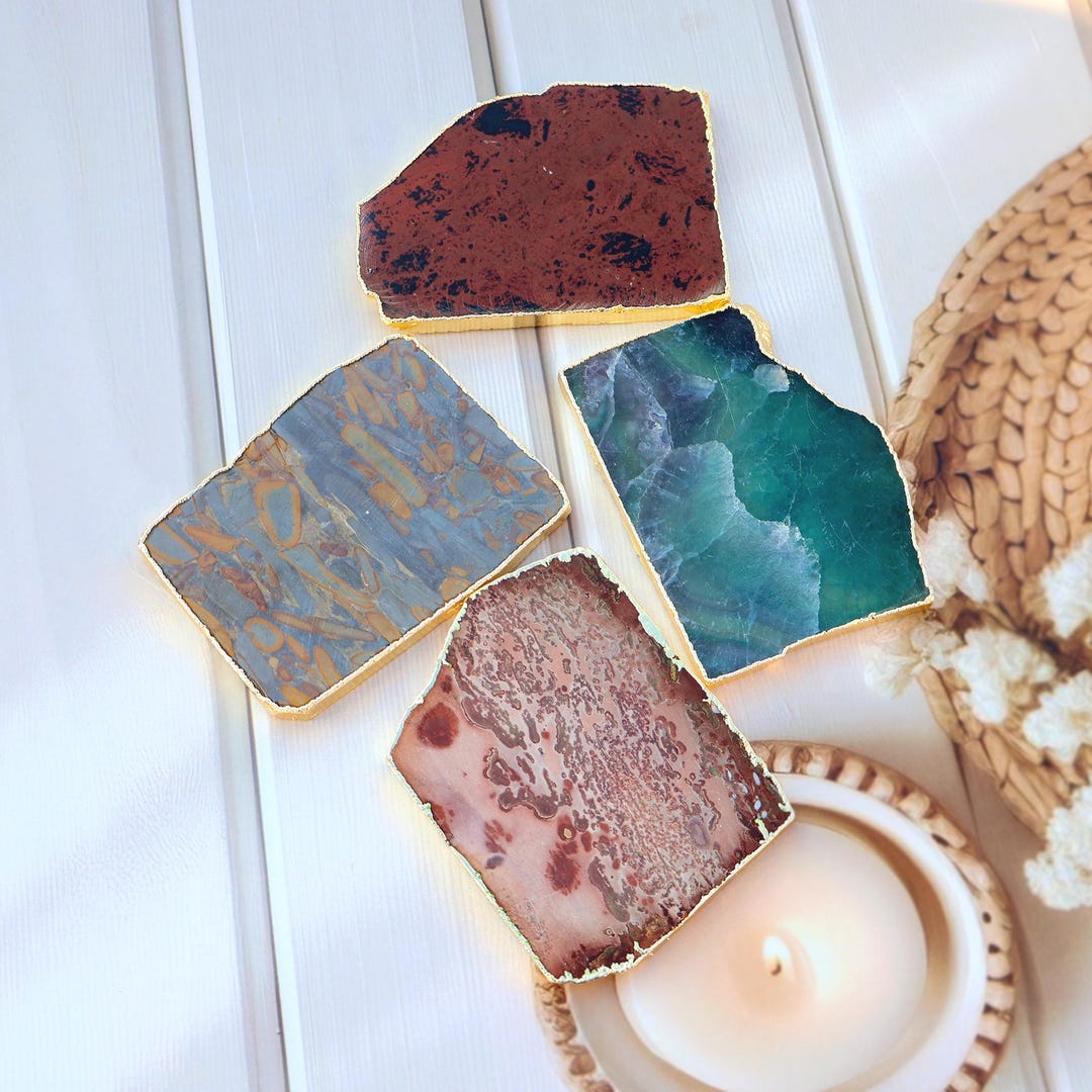 Natural Coffee Bean Jasper Coaster Gold Electroplated Coaster for Gift ...