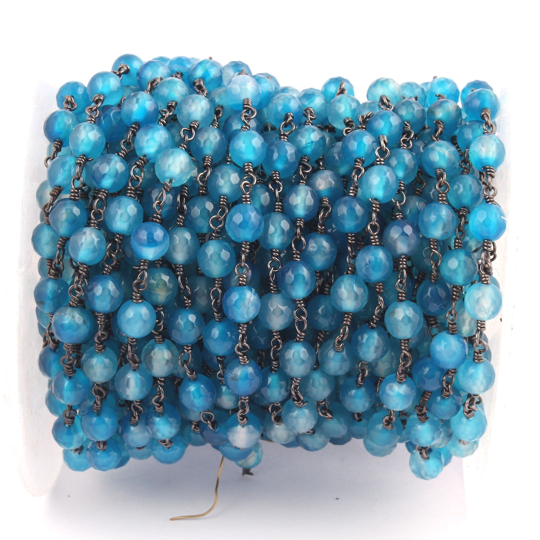 Natural Agate Black Plated Rosary Chain, Sky Blue Agate Beads, DIY ...