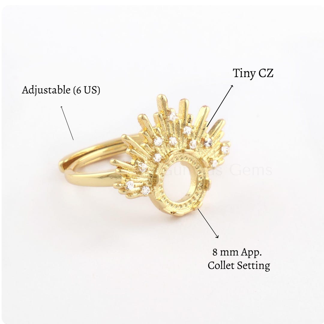 Gold Plated Sunburst Ring Setting: 8mm Round Stone, Adjustable Blank ...