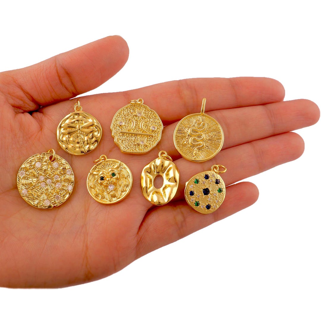 18k Gold Plated Round Coin Pendant Charms, Gold Geometry Pendant ...