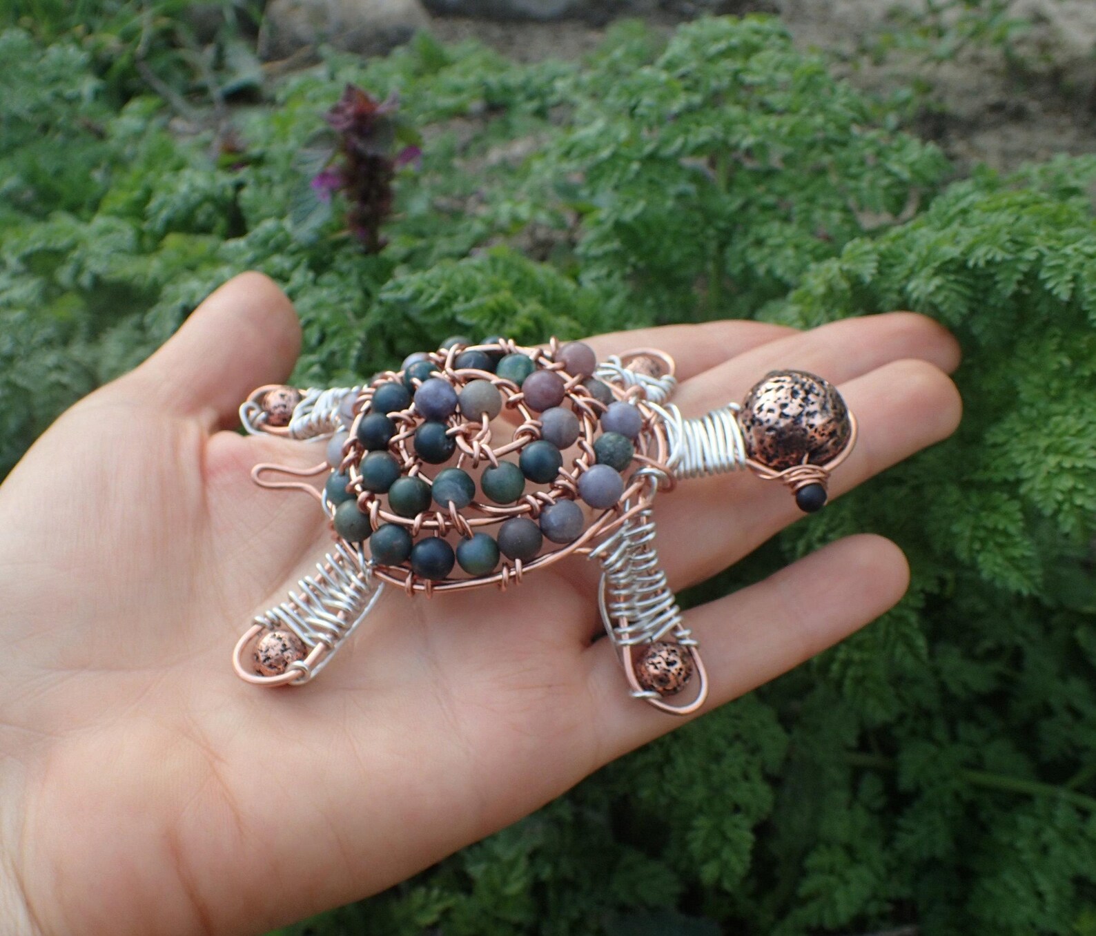 Turtle Copper Wire Sculpture Gemstone Green Beads Artwork, Underwater ...