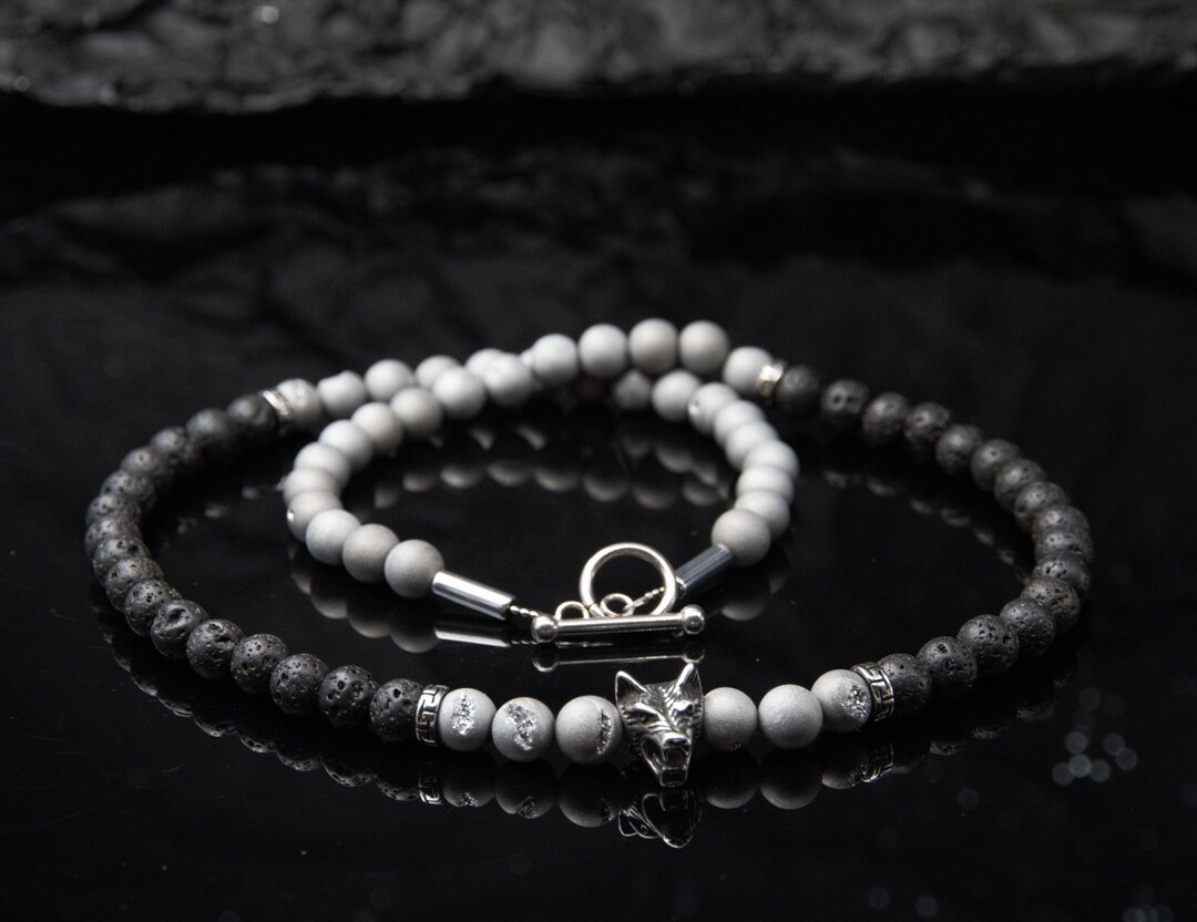 Wild Animal Wolf Necklace With Pearls Lava and Druzy Agate Black Silver ...