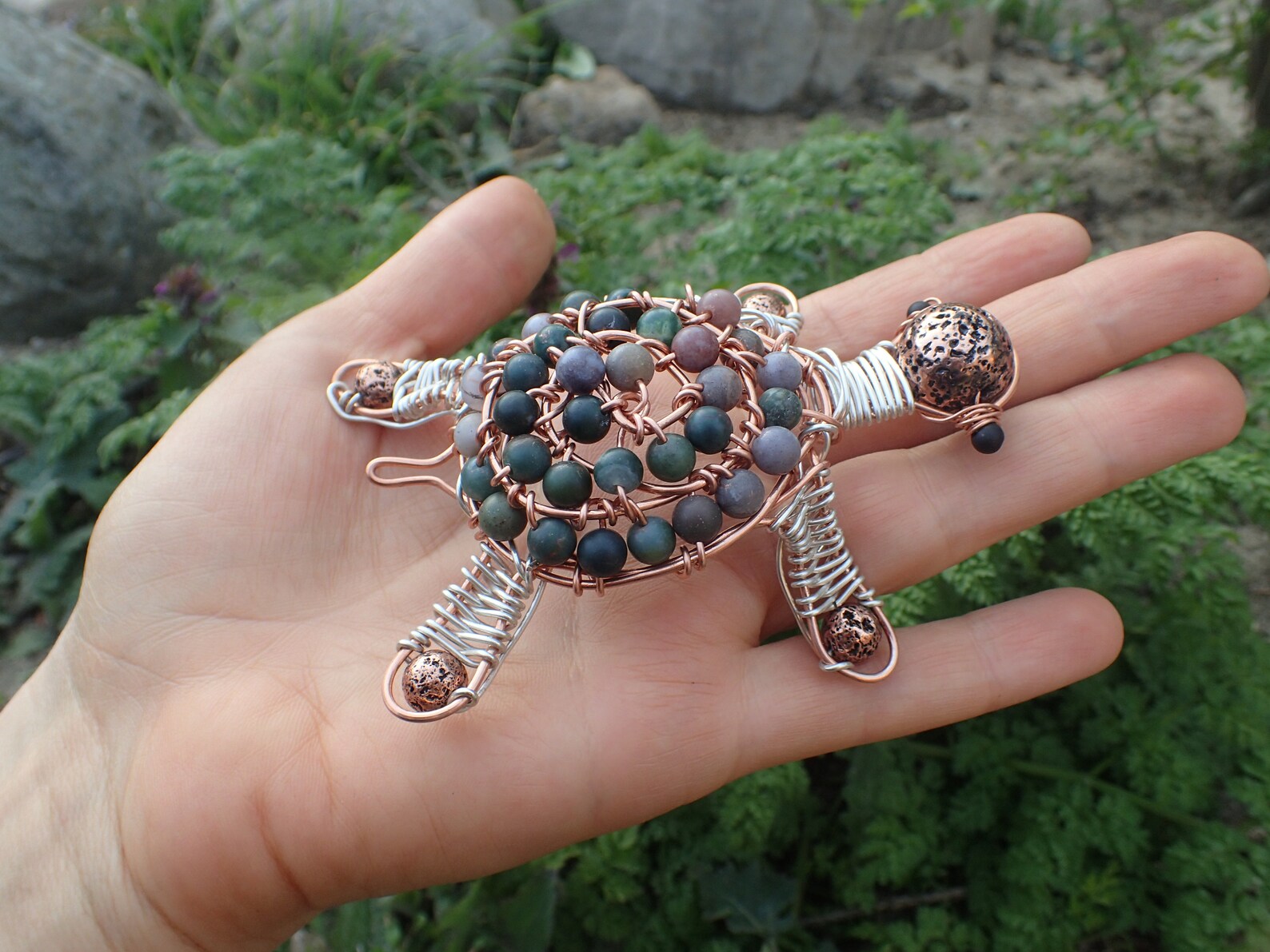 Turtle Copper Wire Sculpture Gemstone Green Beads Artwork, Underwater ...