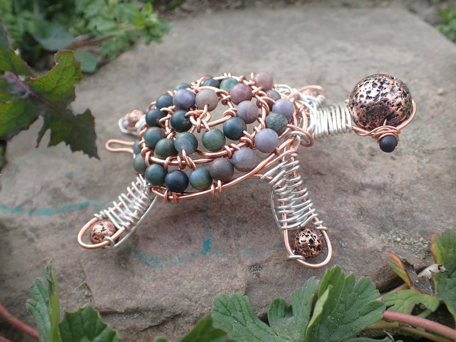 Turtle Copper Wire Sculpture Gemstone Green Beads Artwork, Underwater ...