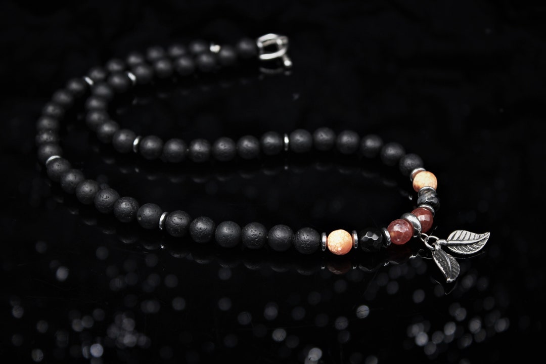 Boho Lava Agate Beaded Necklace Women's Black Silver Short Stone Chain ...