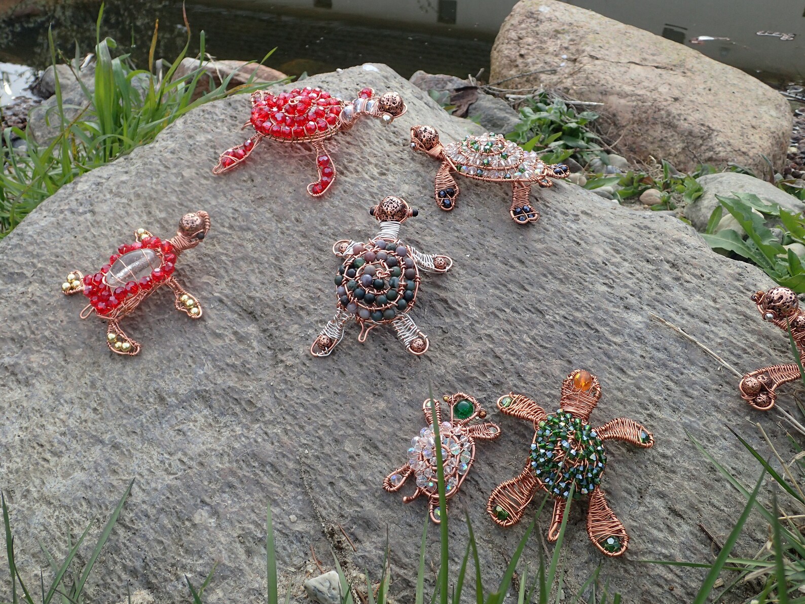 Turtle Copper Wire Sculpture Gemstone Green Beads Artwork, Underwater ...